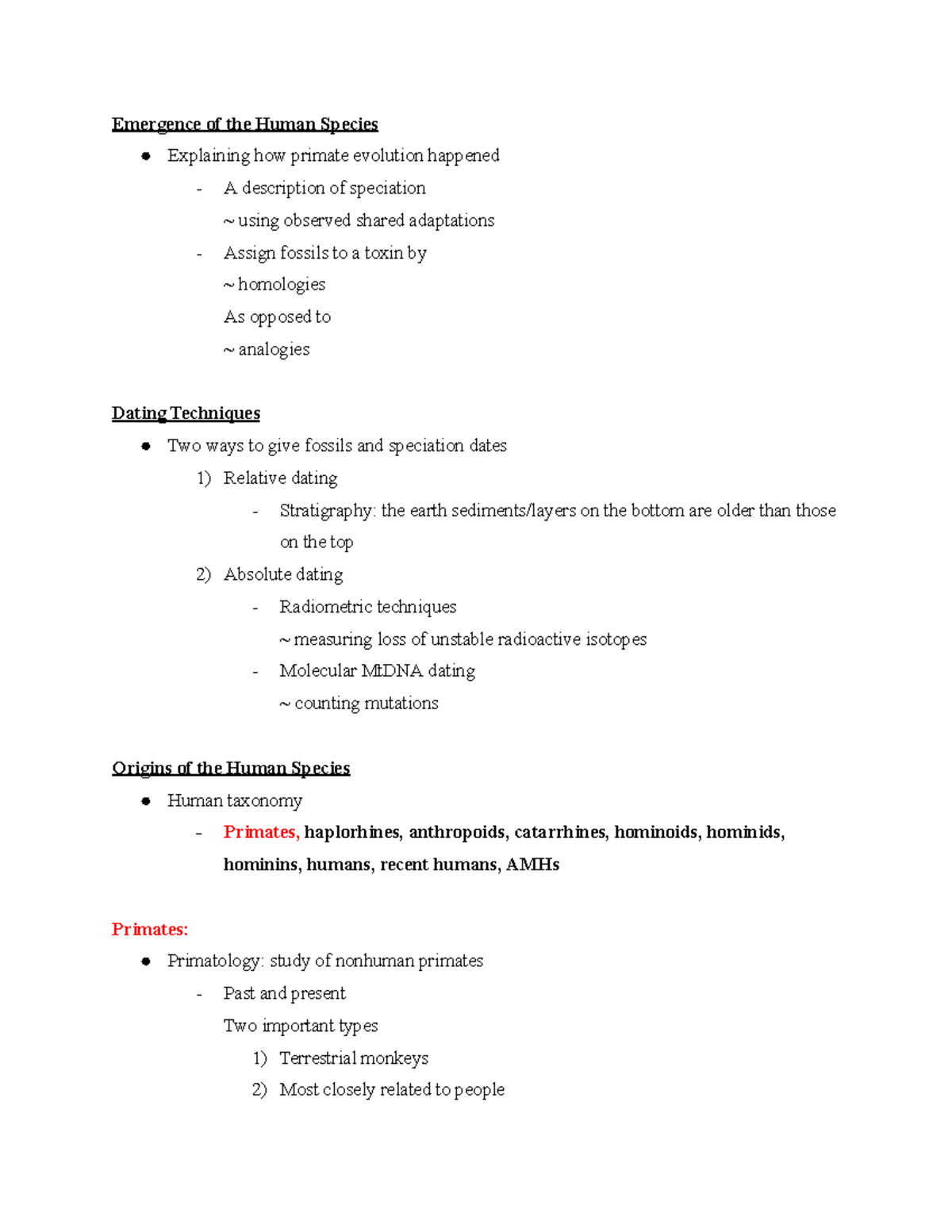 Anthropology Notes- U2 - Emergence of the Human Species Explaining how ...