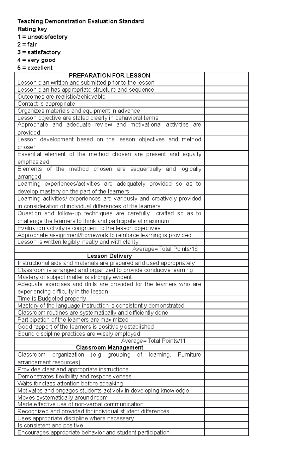 Teaching Demonstration Evaluation Standard - Adequate exercises and drills are provided for the ...