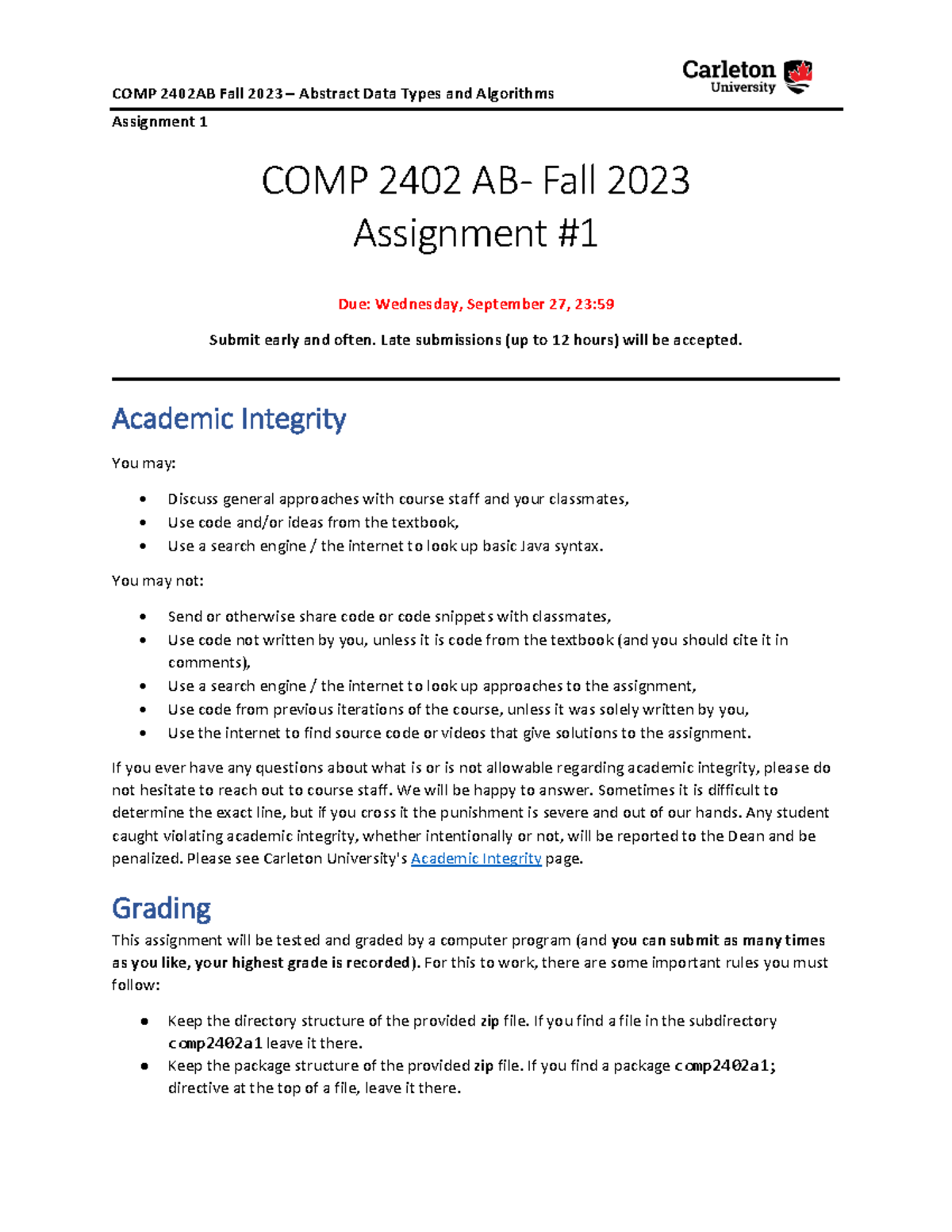 A1 COMP2402 Fall 2023 - Assignment 1 for COMP 2402. - Assignment 1 COMP 240 2 AB- Fall 202 3 ...
