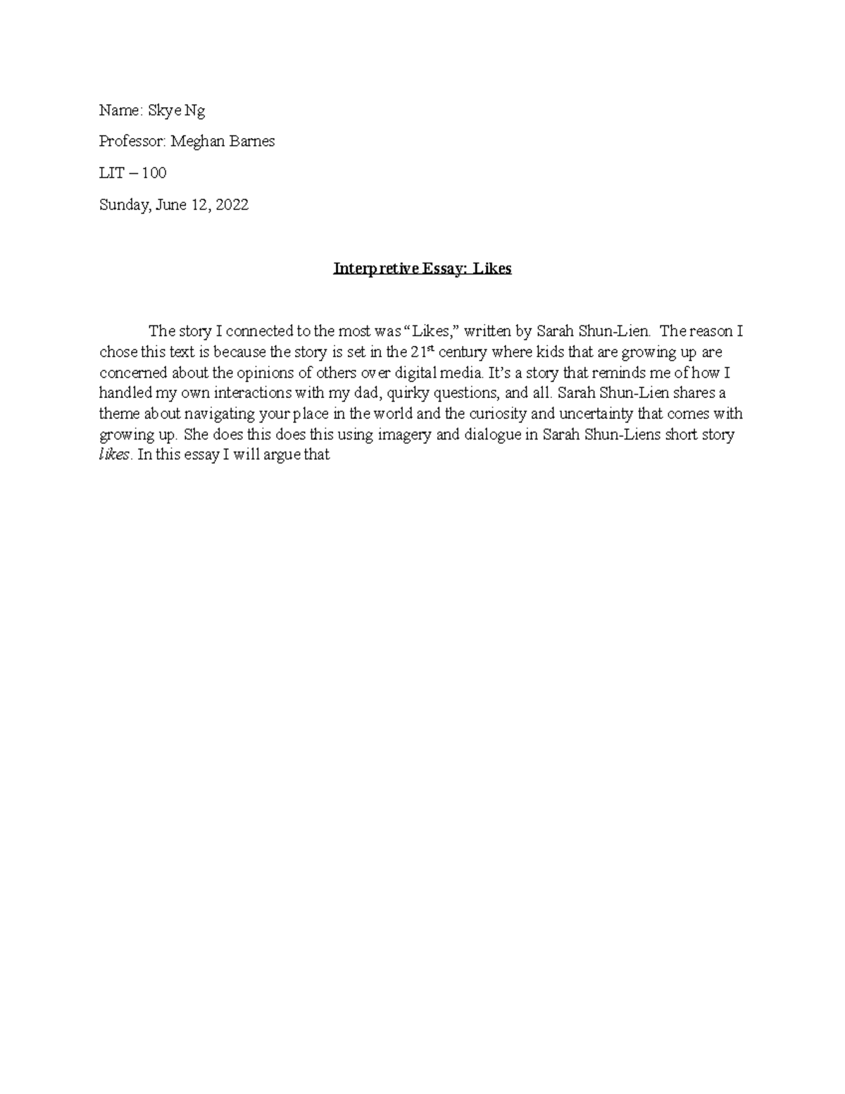 Skye Ng Journal 6 - Name: Skye Ng Professor: Meghan Barnes LIT – 100 ...