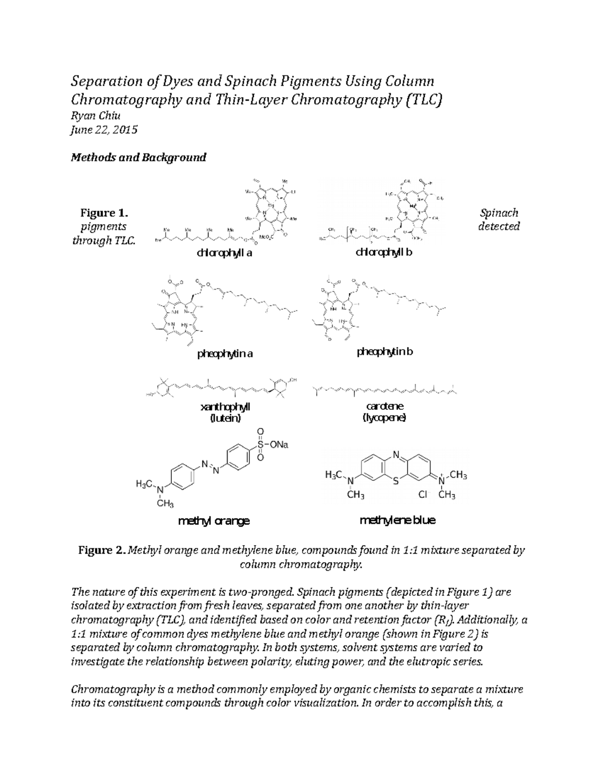 Laboratory Report 2 - Separation of Dyes and Spinach Pigments Using ...