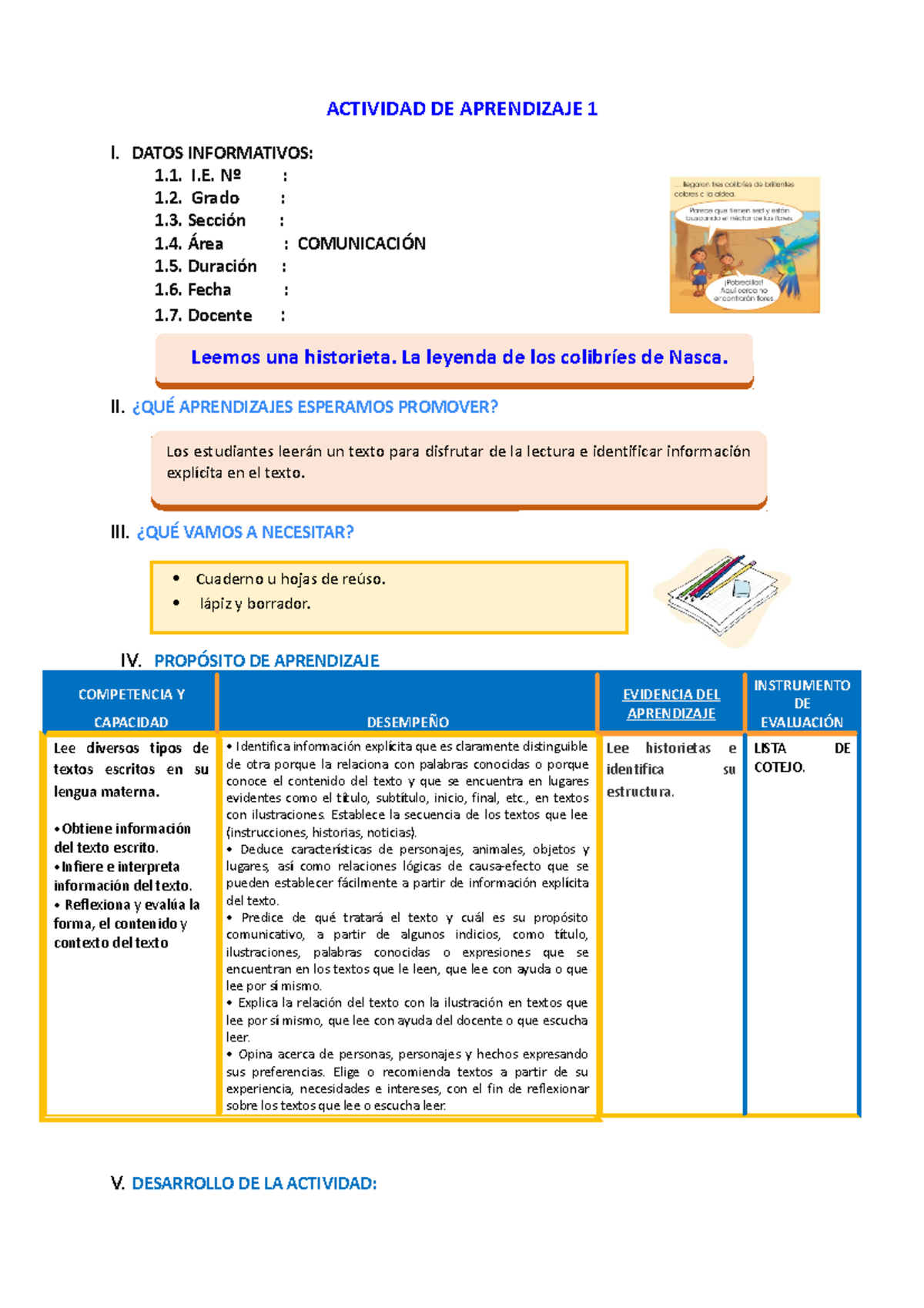 D1 A1 Sesion COM. Leemos una historieta. La leyenda de los colibríes de Nasca - ACTIVIDAD DE ...