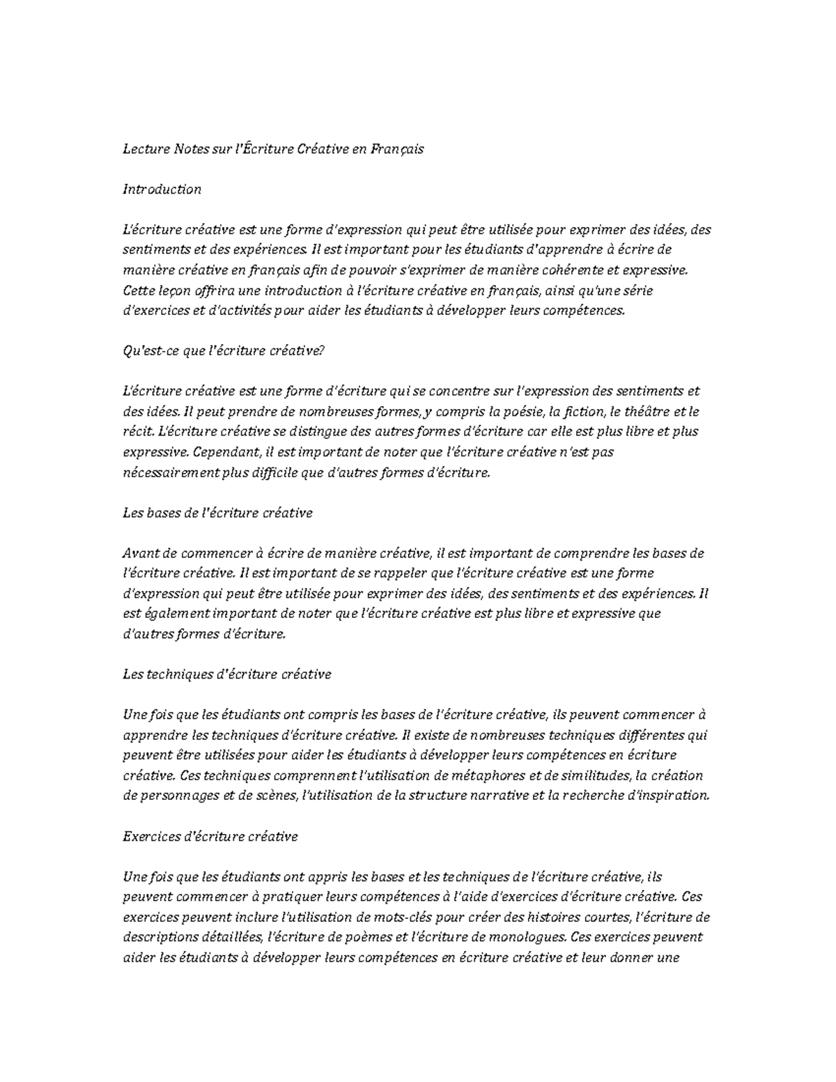 Creative Writing Note Study Lecture Notes Sur L criture Cr ative En