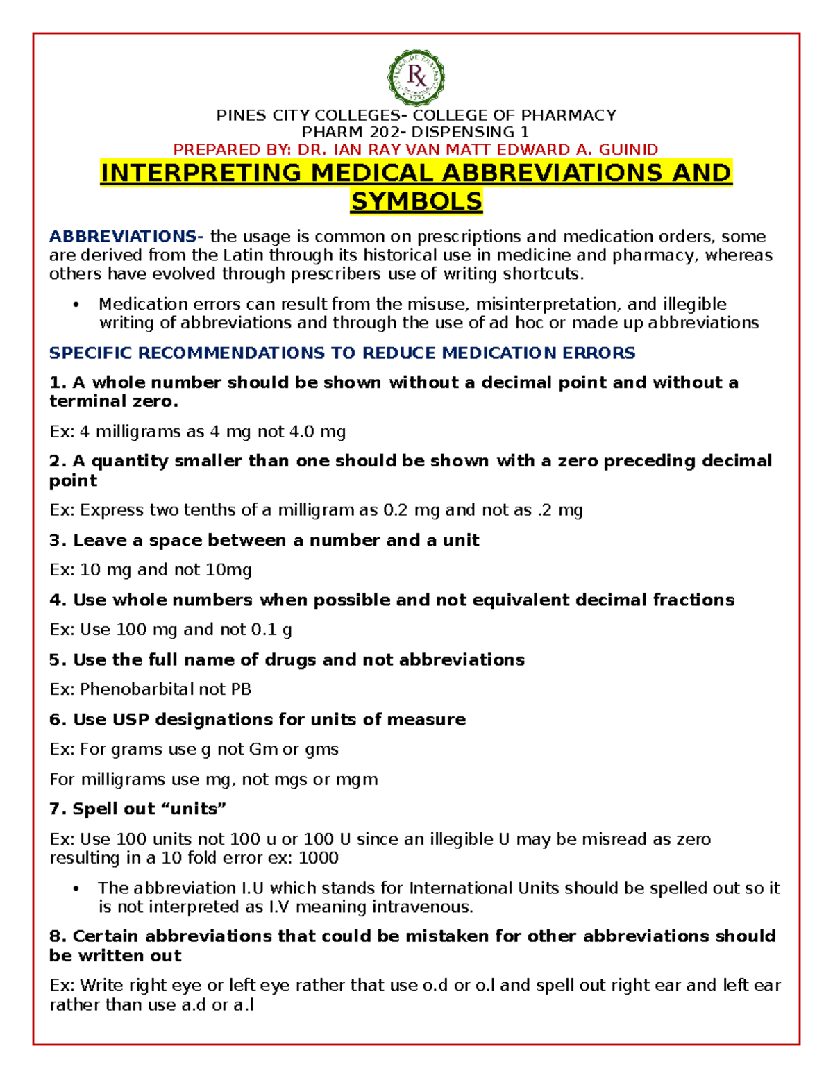 Interpreting Medical Abbreviations AND Symbols AND DRUG Nomenclature ...