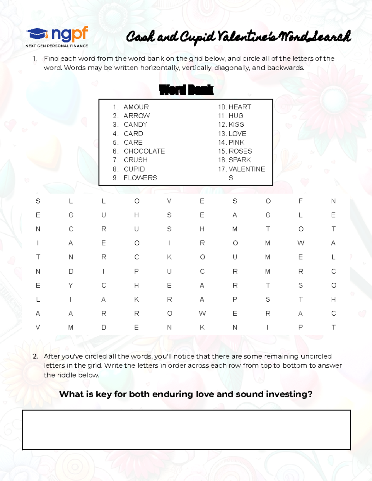 Cash and Cupid Valentine's Day Word Search - Cash and Cupid Valentine’s ...