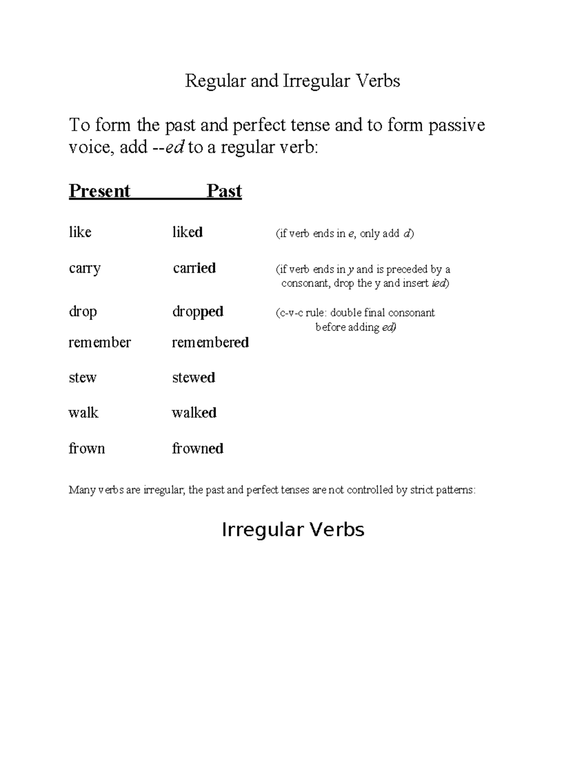 Regular and Irregular Verbs - Studocu