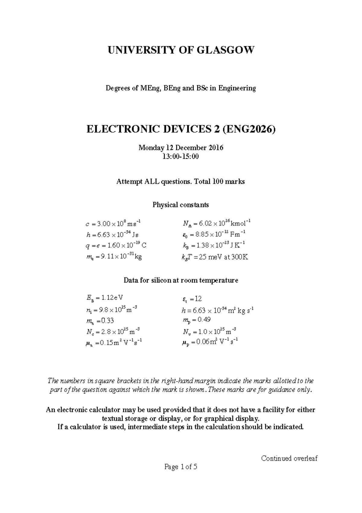 Exam 5 May 2026 2016, questions - UNIVERSITY OF GLASGOW Degrees of MEng ...