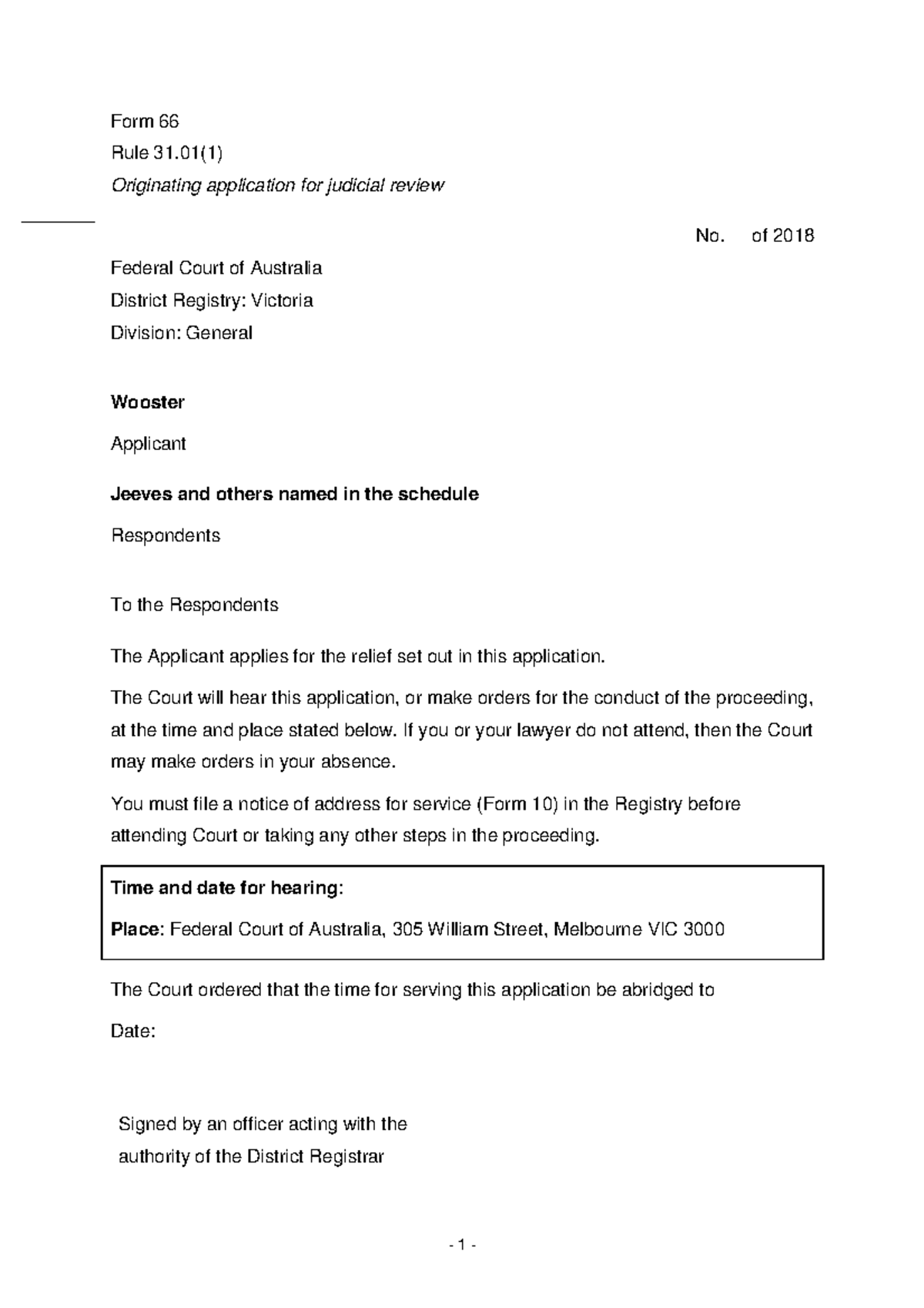 Sample Exemplar - 2021/2022 - Form 66 Rule 31(1) Originating ...