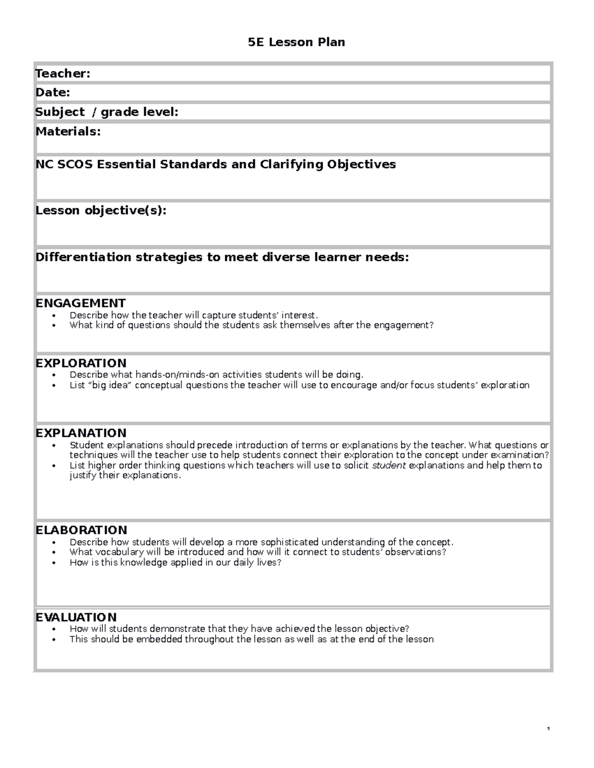Lesson Plan 5EXtemplate - 5E Lesson Plan Teacher: Date: Subject / grade ...
