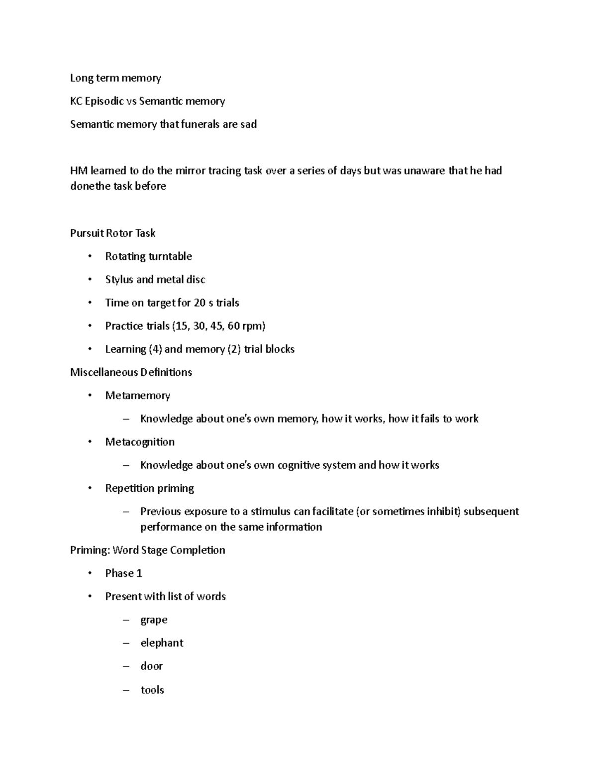 Chapter 7 Knowing - Lecture notes 4 - Long term memory KC Episodic vs ...