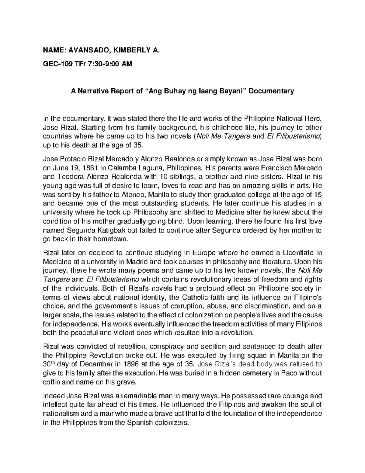 Rizal-keme - narrative report - NAME: AVANSADO, KIMBERLY A. GEC-109 TFr ...