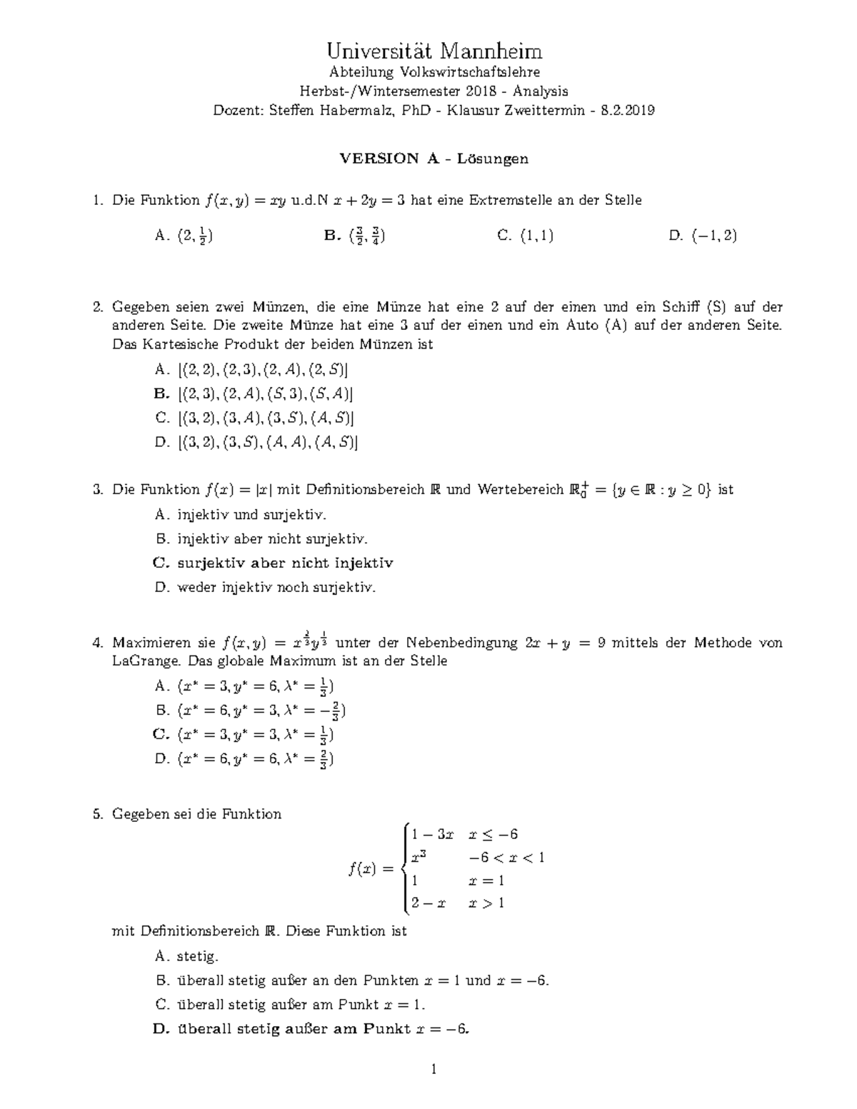 Klausur Analysis 18T2ALoesungen - Universit ̈at Mannheim Abteilung Volkswirtschaftslehre - Studocu