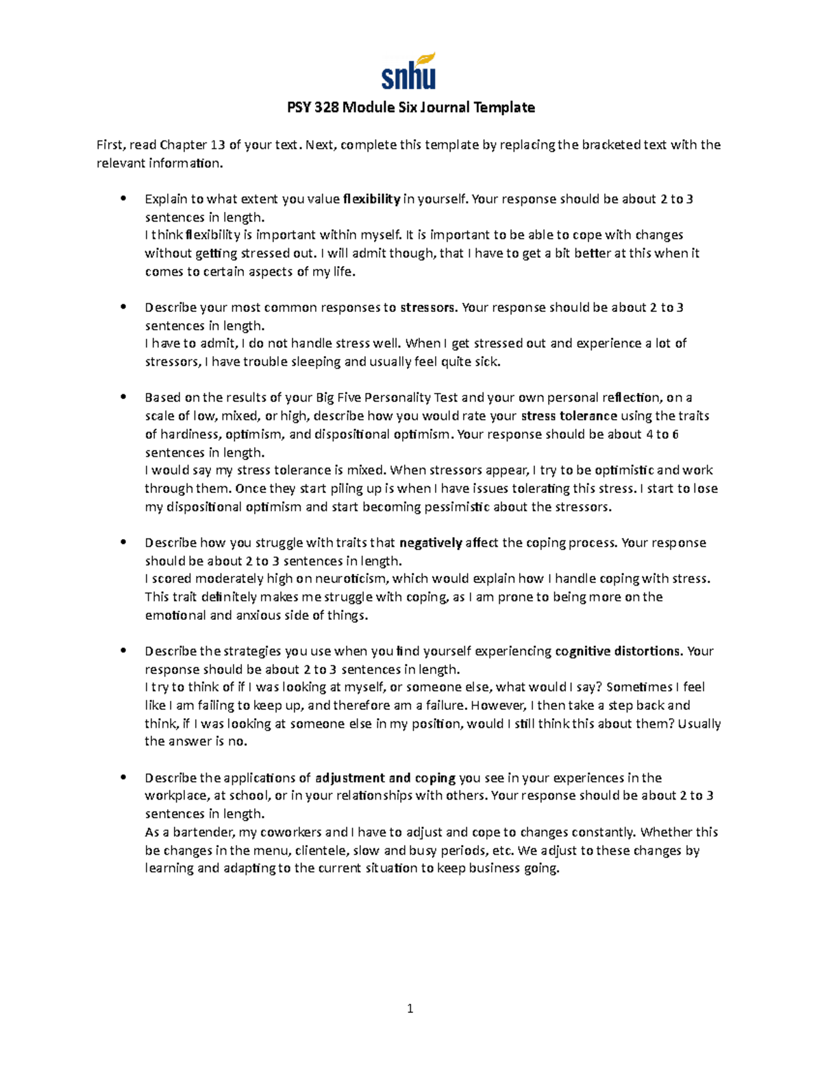 PSY 328 Module Six Journal - Next, complete this template by replacing the bracketed text with ...