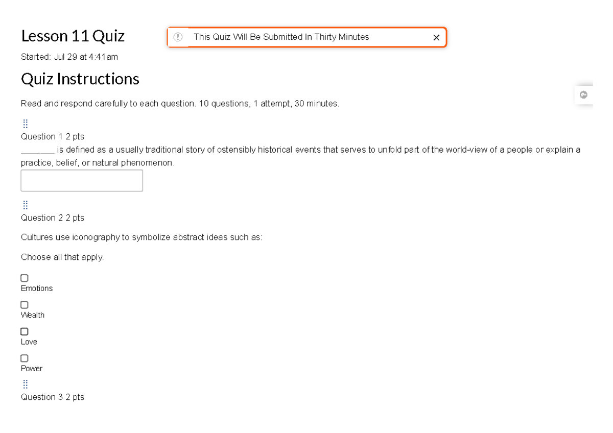 Quiz Lesson 11 Quiz - This was test that was required for the course ...