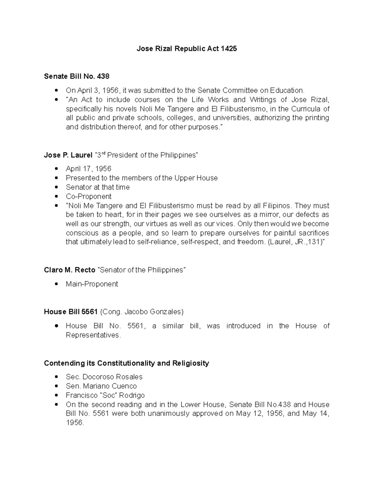 Rizal Republic Act 1425 - Jose Rizal Republic Act 1425 Senate Bill No ...