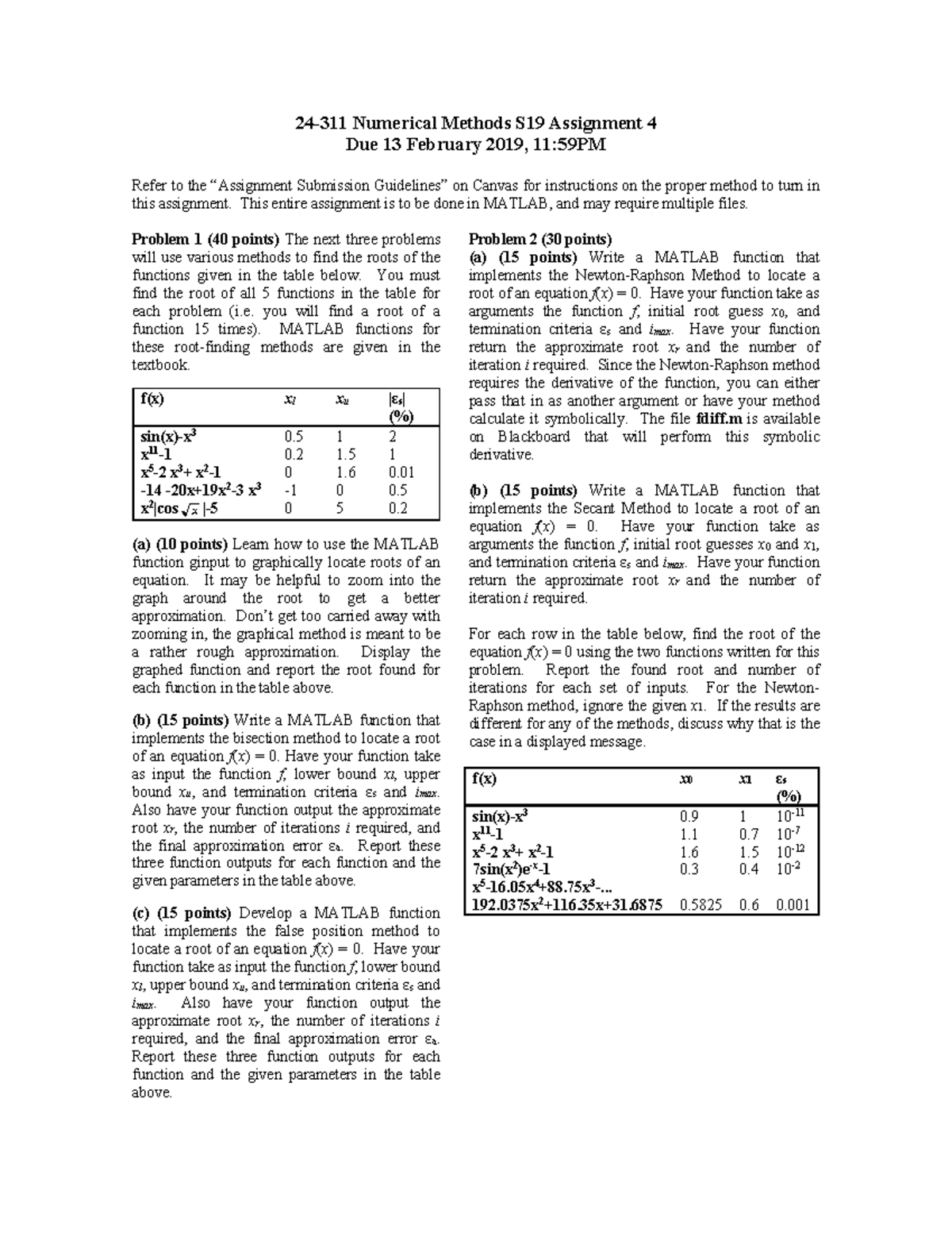 Hw4 Numerical Methods 24 311 Assignment 4 24 311 Numerical Methods