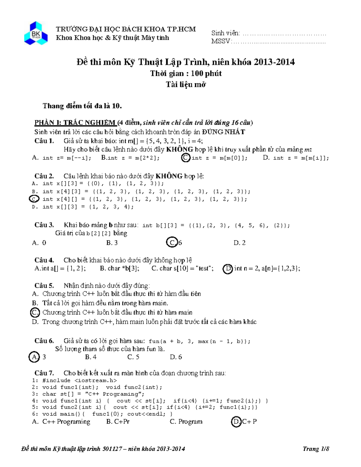 KTLT 13-14 - Sol - MSSV:.................................................. ề thi môn K Thu t L p ...