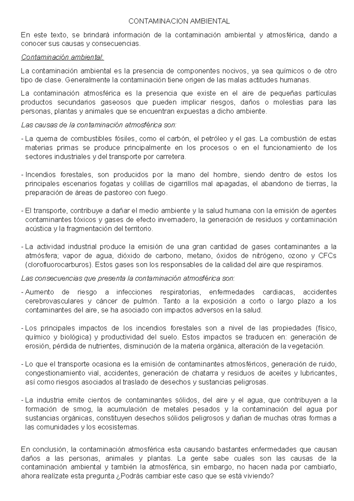 Contaminacion Ambiental - CONTAMINACION AMBIENTAL En este texto, se ...