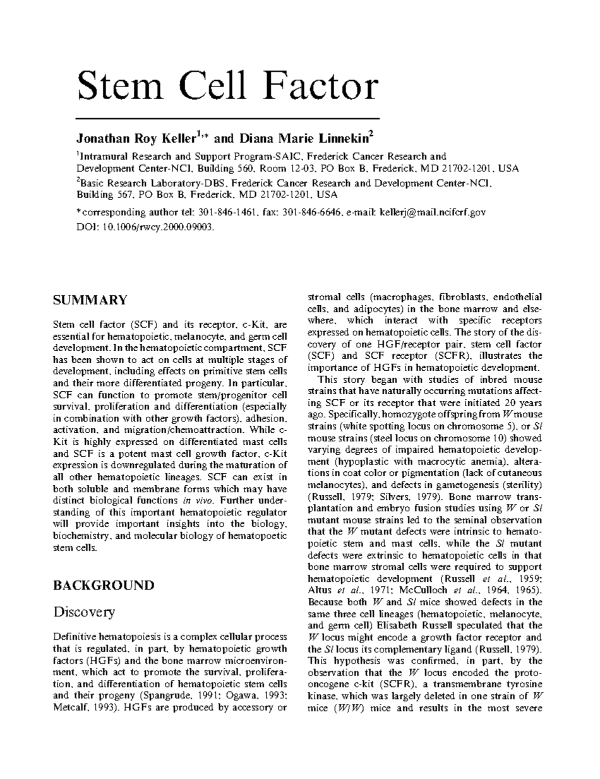 Comprehensive Summaries - Stem Cell Factor Jonathan Roy Keller 1,* and ...