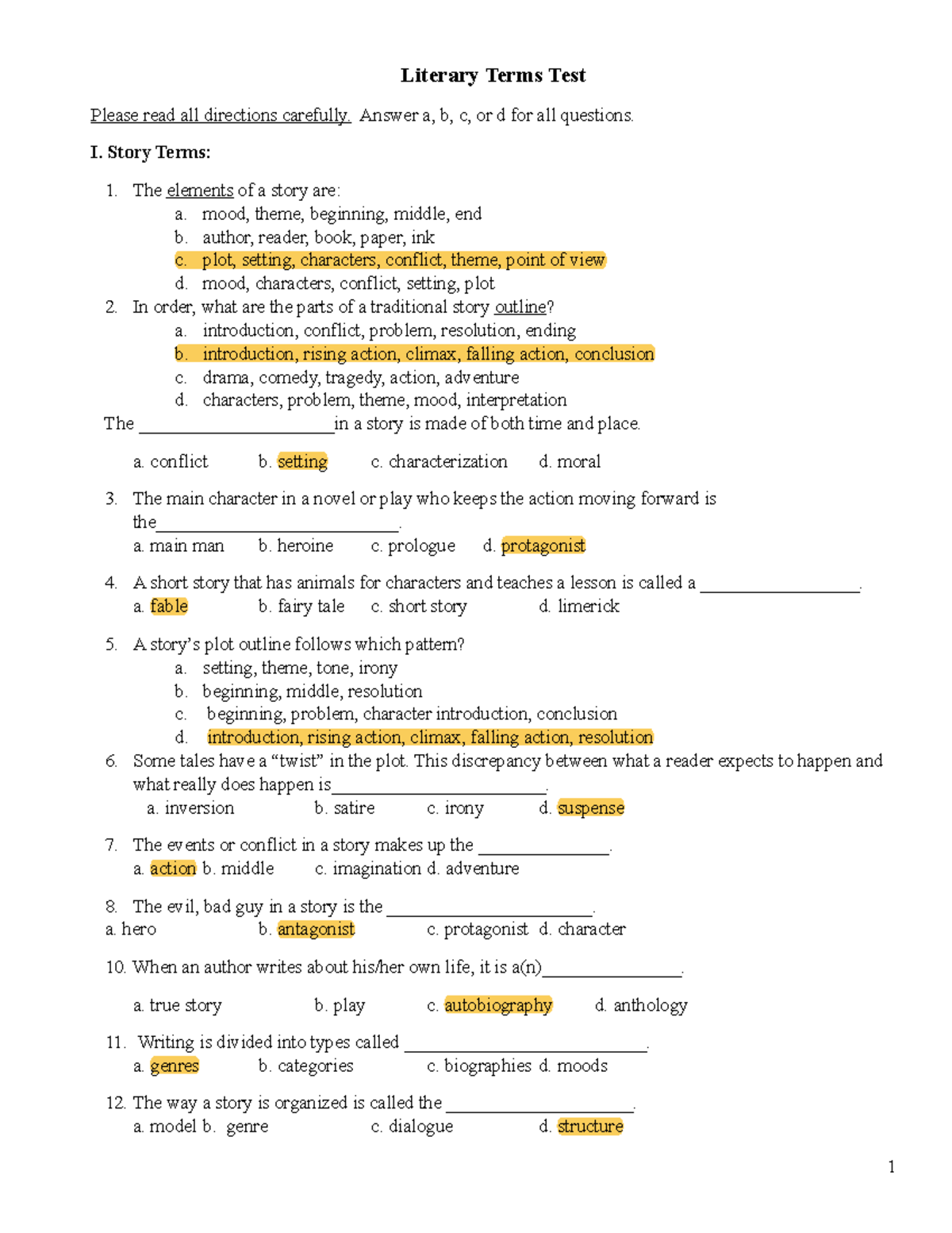 Literary Terms Test-1 - wfqwdwdqdwq - Literary Terms Test Please read ...
