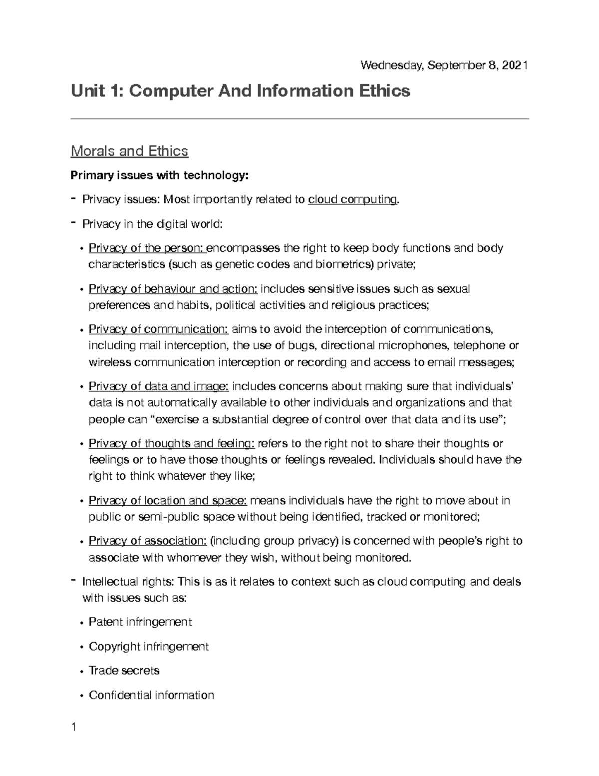 Unit 1: Computer And Information Ethics - Privacy in the digital world ...