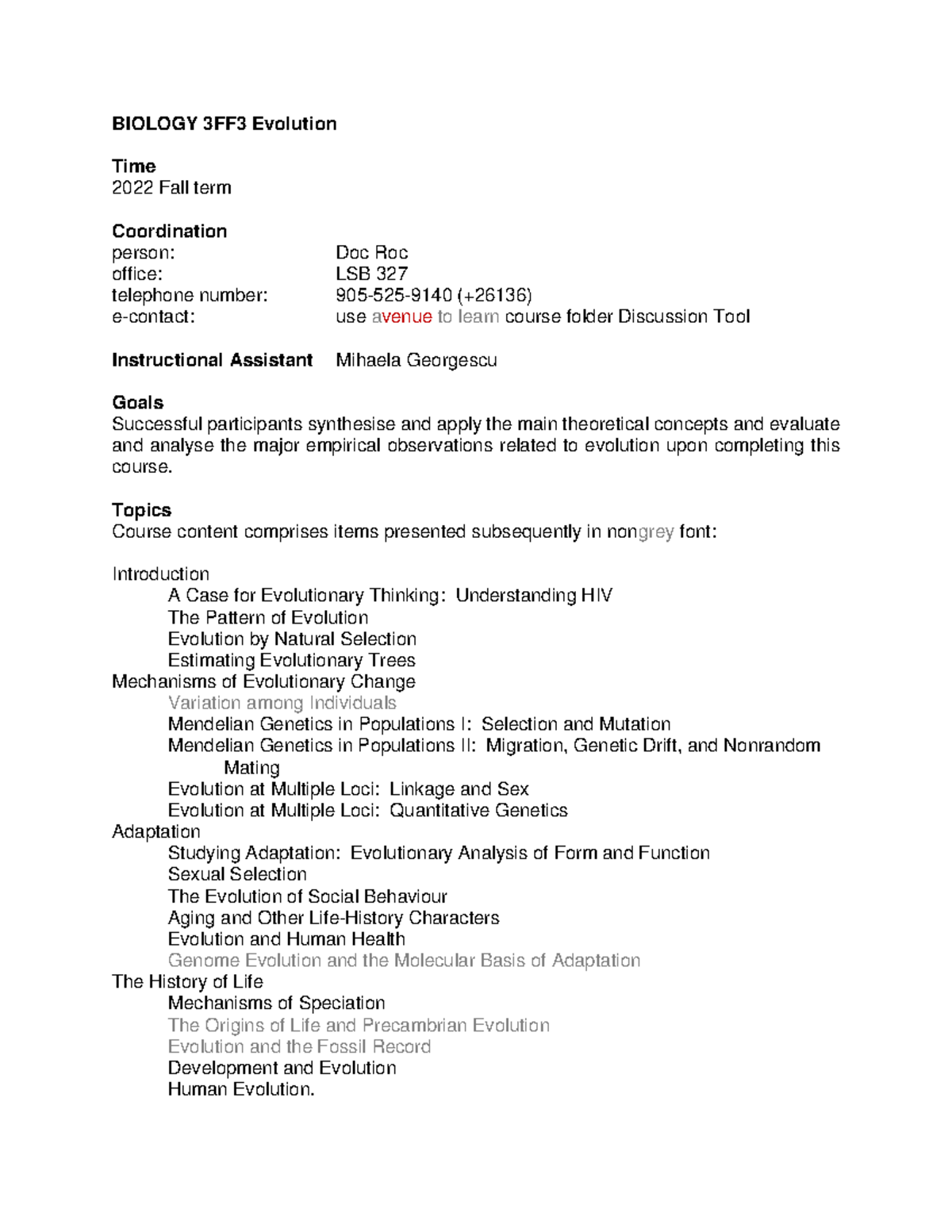 Course description for 3FF3 - BIOLOGY 3FF3 Evolution Time 2022 Fall ...