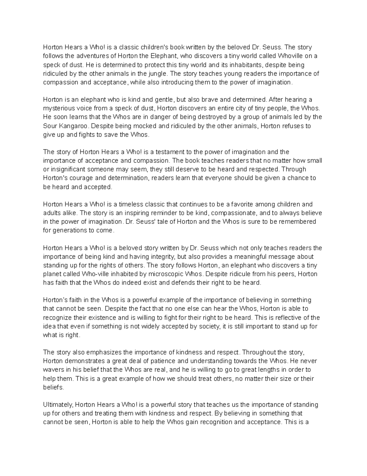 Horton hears a whoot - discussion points and questions + essay/summary ...