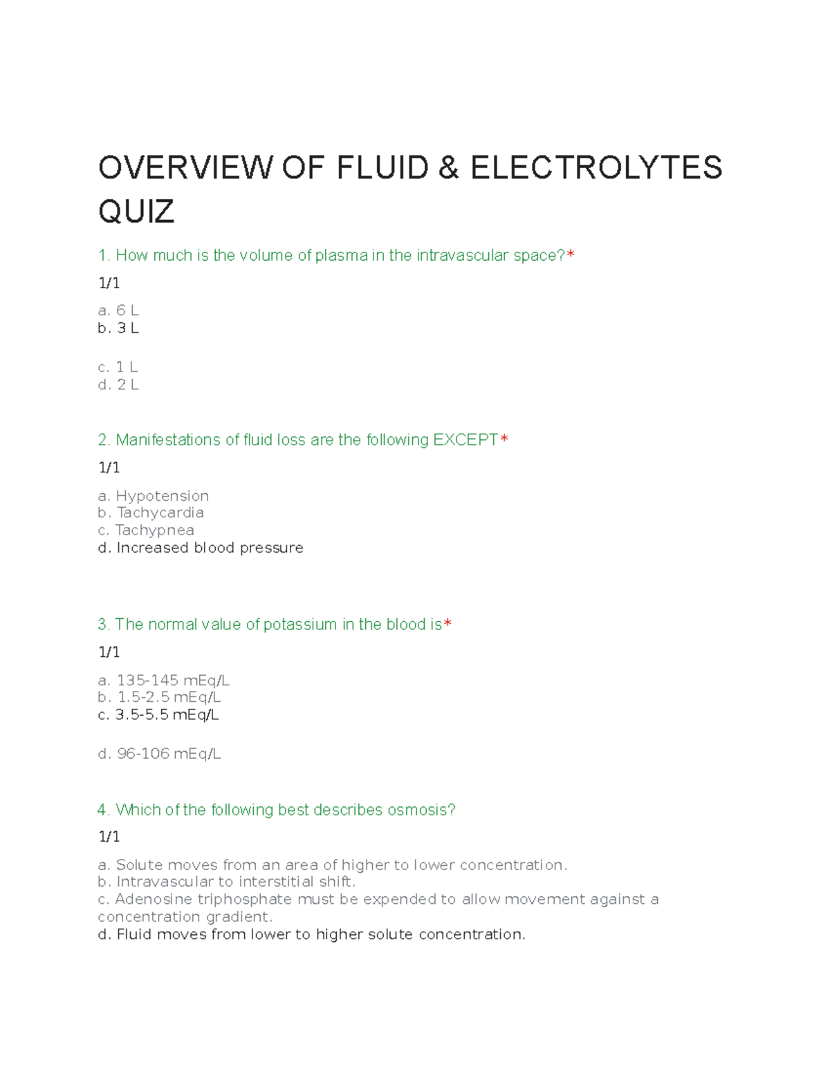 Overview OF Fluid - MEDSURG - OVERVIEW OF FLUID & ELECTROLYTES QUIZ 1 ...