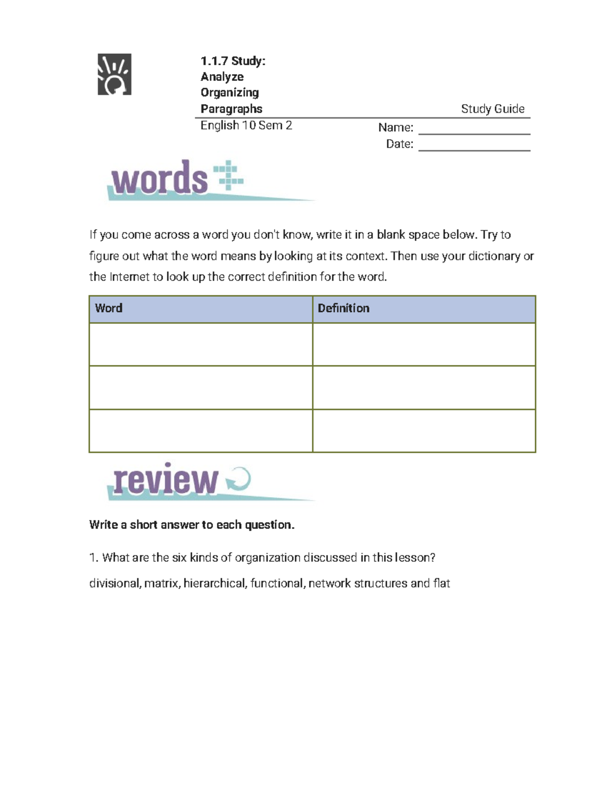 1.1.7 Study - Analyze Organizing Paragraphs (Study guide) - 1.1 Study ...