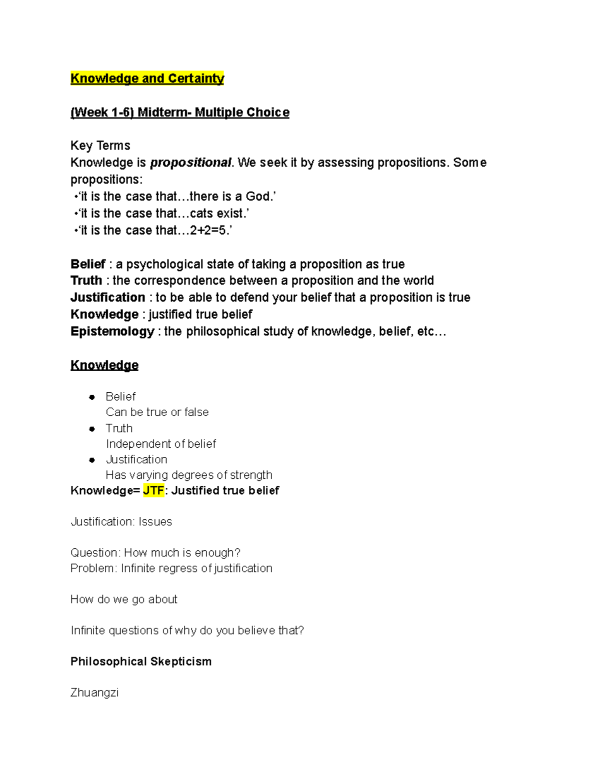 Knowledge and Certainty - Knowledge and Certainty (Week 1-6) Midterm ...