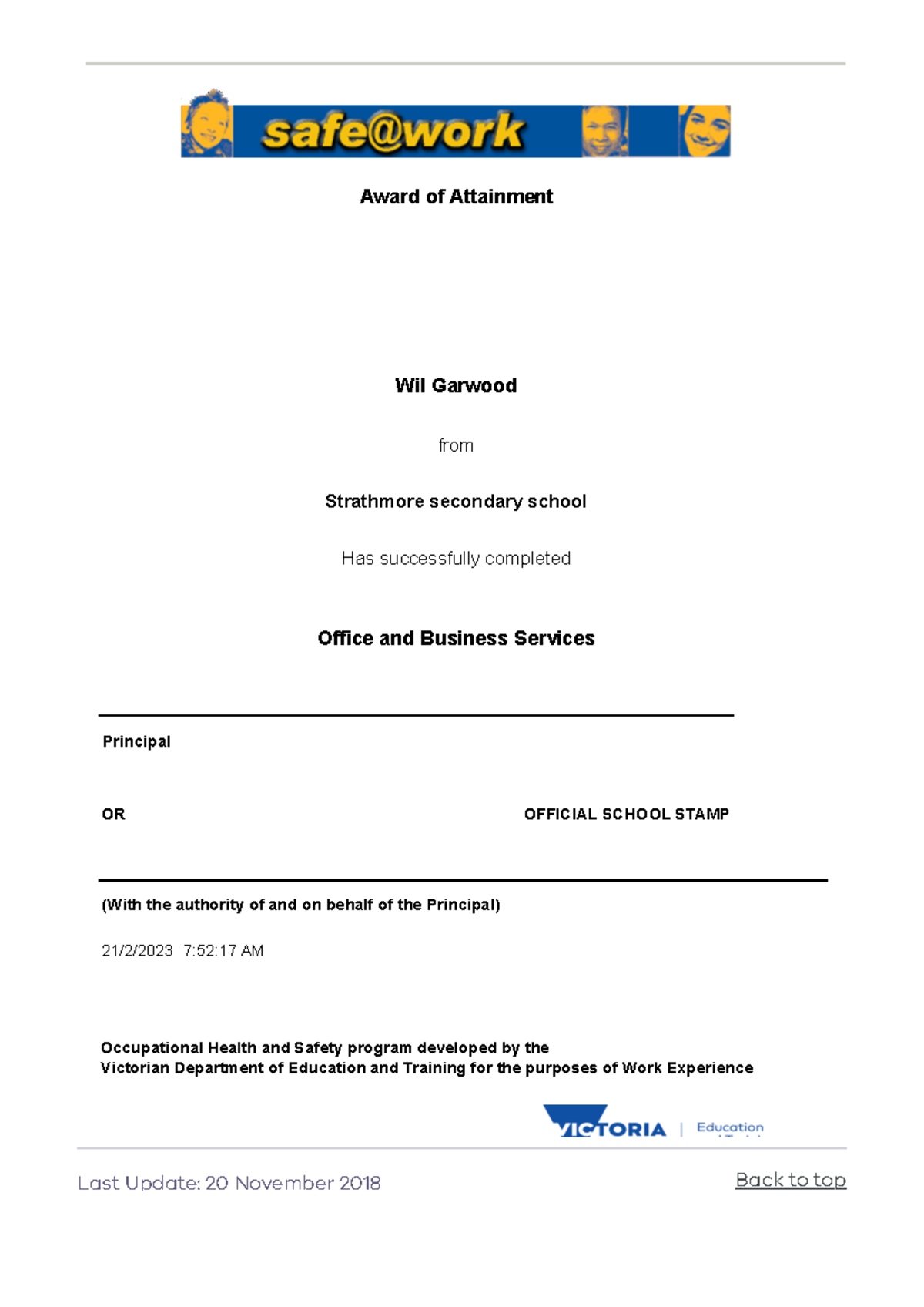 Safe@work Self assessment tests - Last Update: 20 November 2018 Back to ...