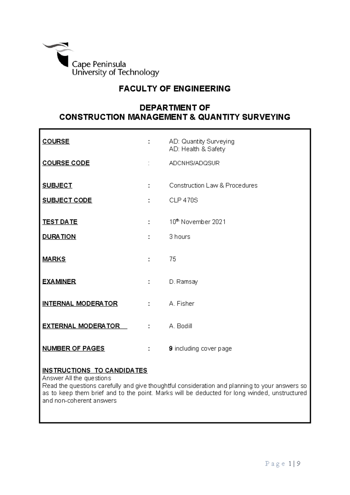 CLP 470S Examination November 2021 - FACULTY OF ENGINEERING DEPARTMENT ...