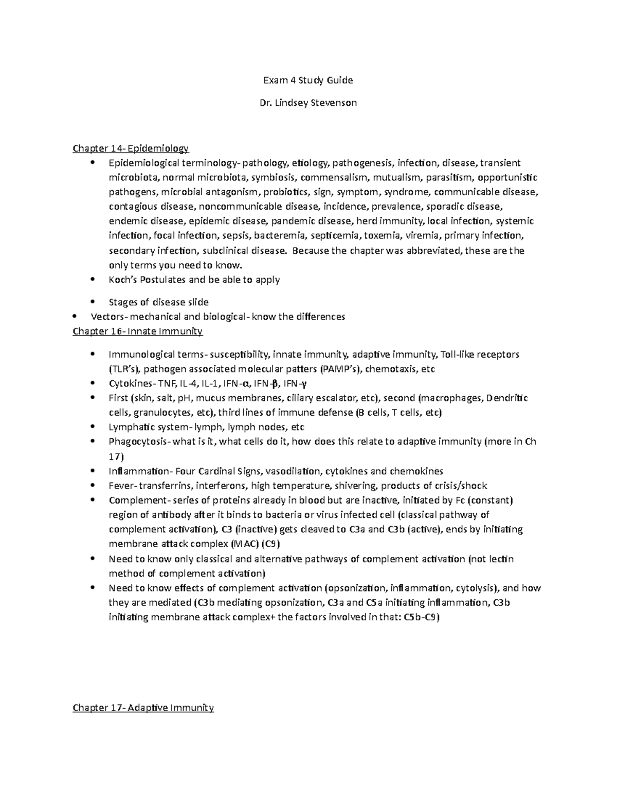 BIOL 203 Exam 4 Study Guide - Exam 4 Study Guide Dr. Lindsey Stevenson ...