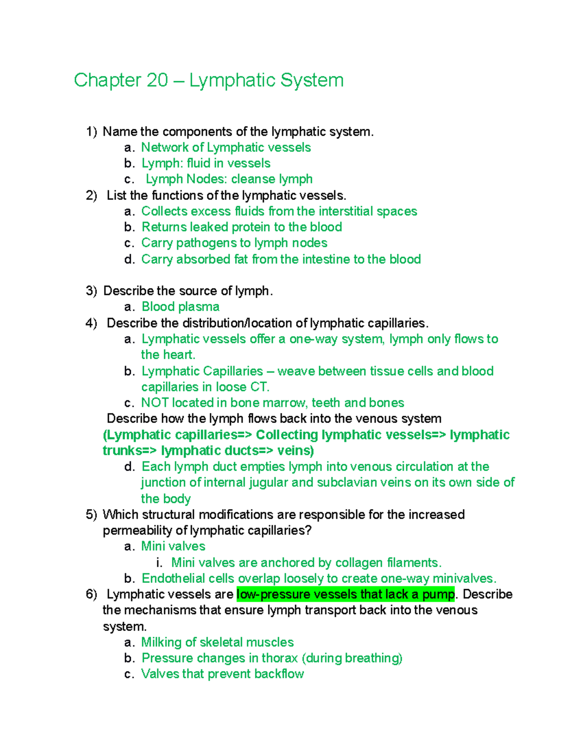 Anatomy CH 20-23 - review questions - Chapter 20 – Lymphatic System ...