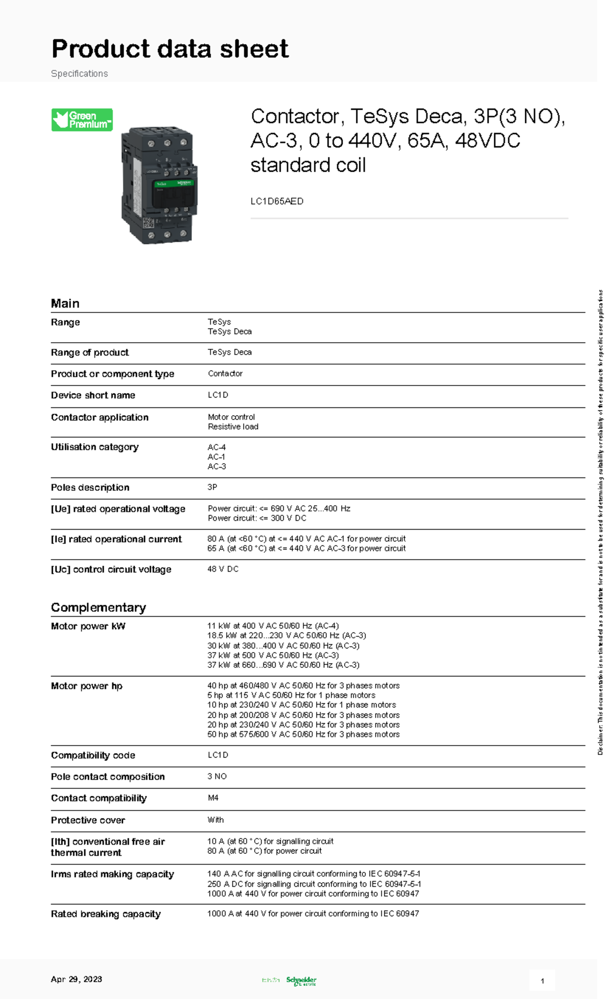 Te Sys Deca contactors LC1D65AED - Product data sheet Specifications ...