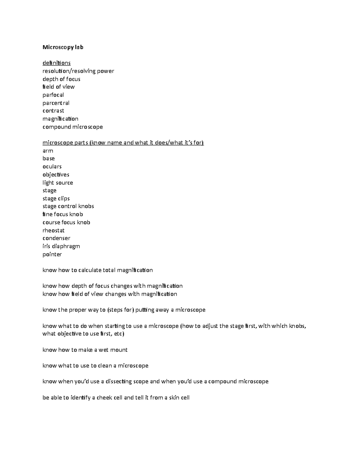 Lab Exam 1 Review Topics - Microscopy lab definitions resolution ...