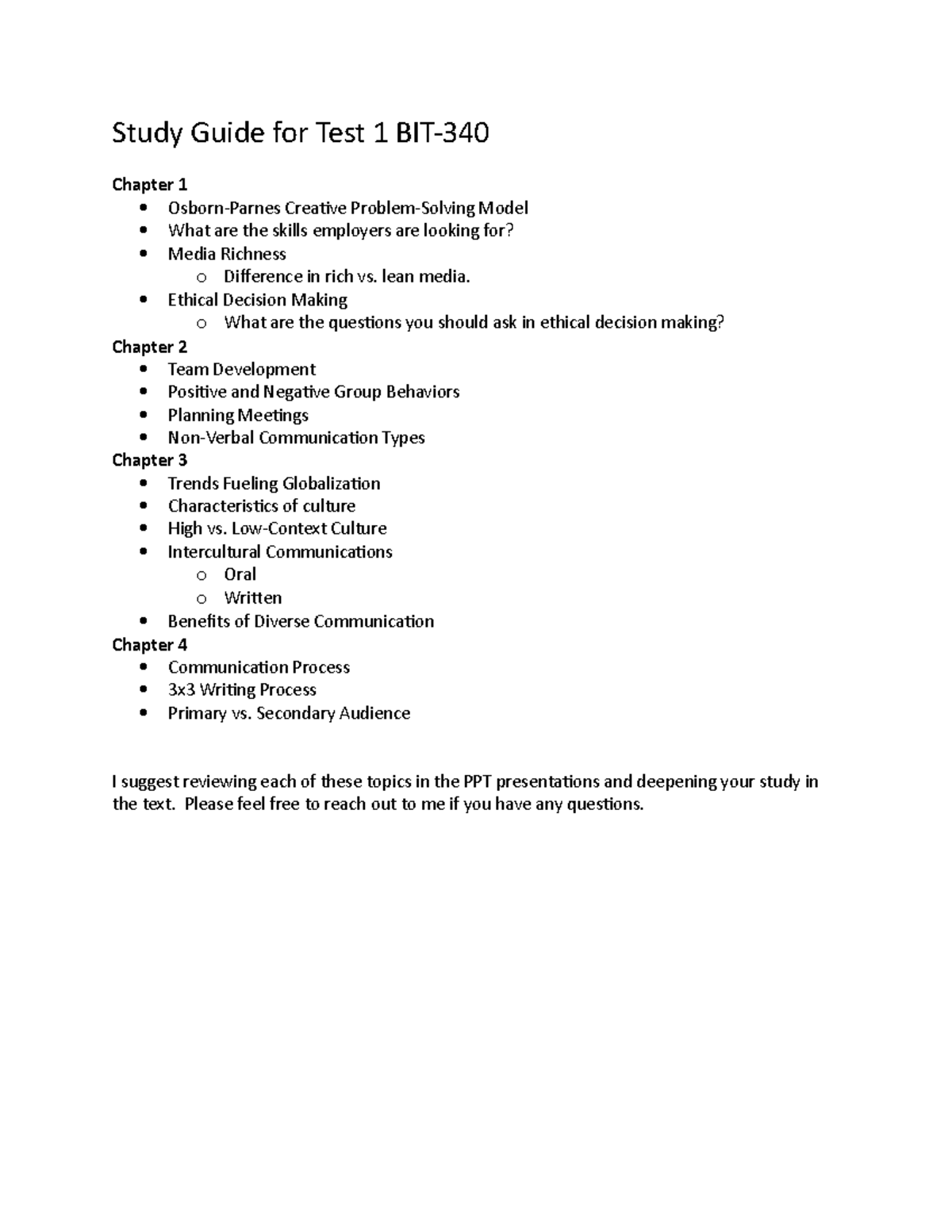 Study Guide Test 1 - Study Guide for Test 1 BIT- Chapter 1 Osborn ...