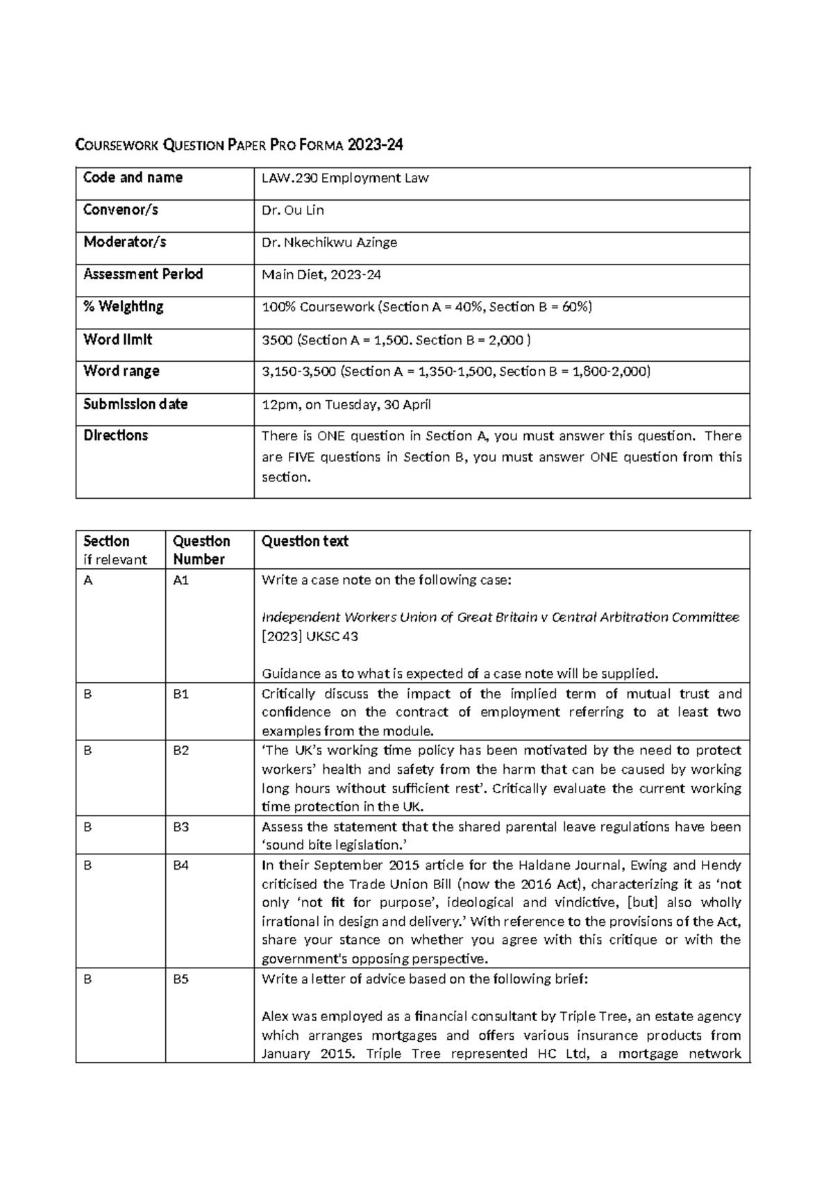 LAW.230 Main Coursework question - COURSEWORK QUESTION PAPER PRO FORMA ...