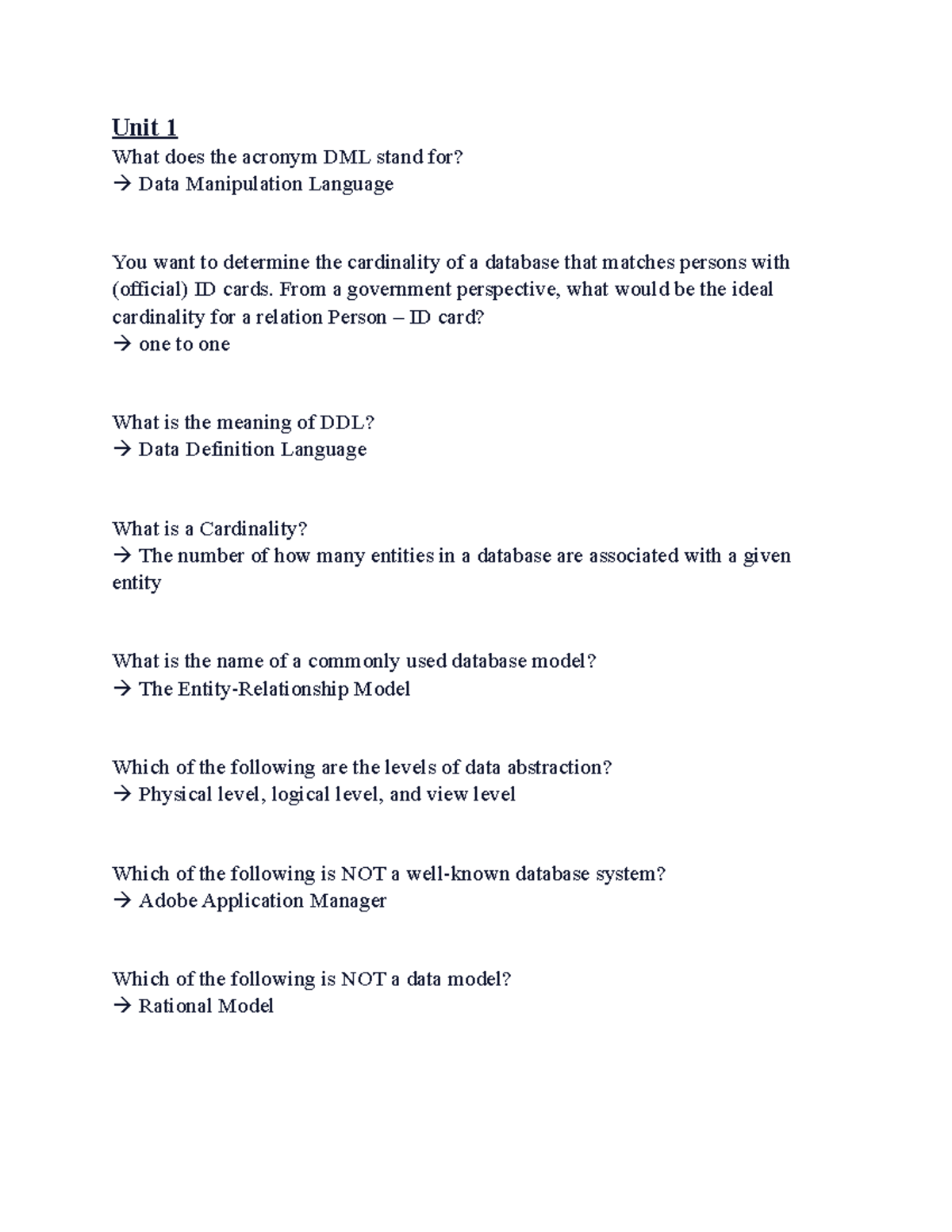 CS 3306 Old Questions - Unit 1 What does the acronym DML stand for ...