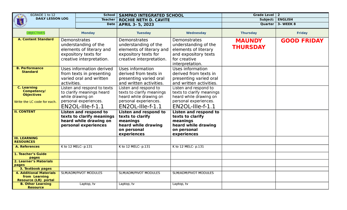WEEK8-dll- English - reviewer - 6GRADE 1 to 12 DAILY LESSON LOG School ...