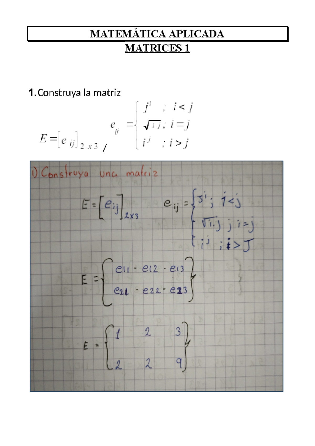 practica 01 matematica aplicada - MATEMÁTICA APLICADA MATRICES 1 1 la ...