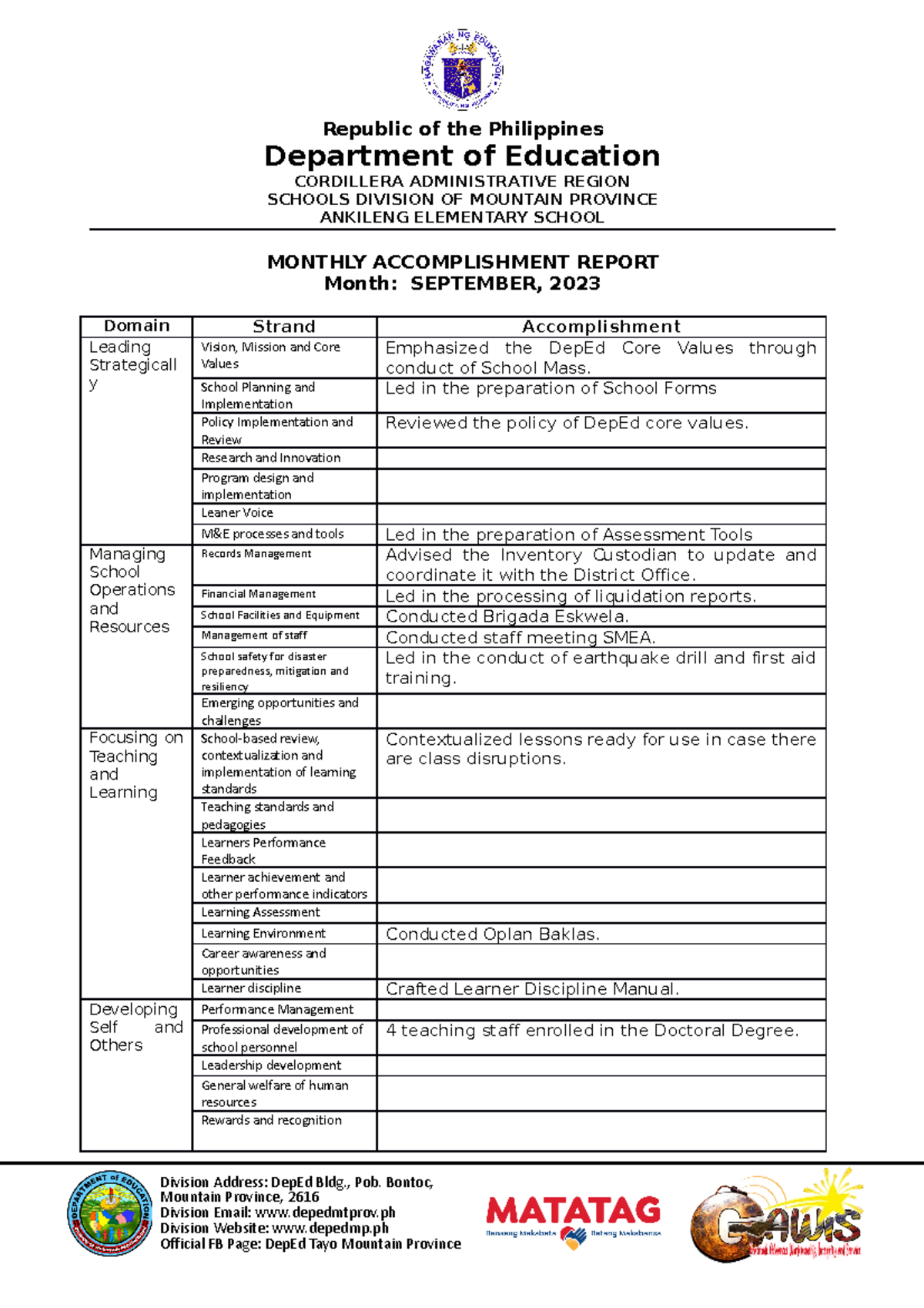 Template for Monthly Accomplishment for School Heads - Republic of the ...