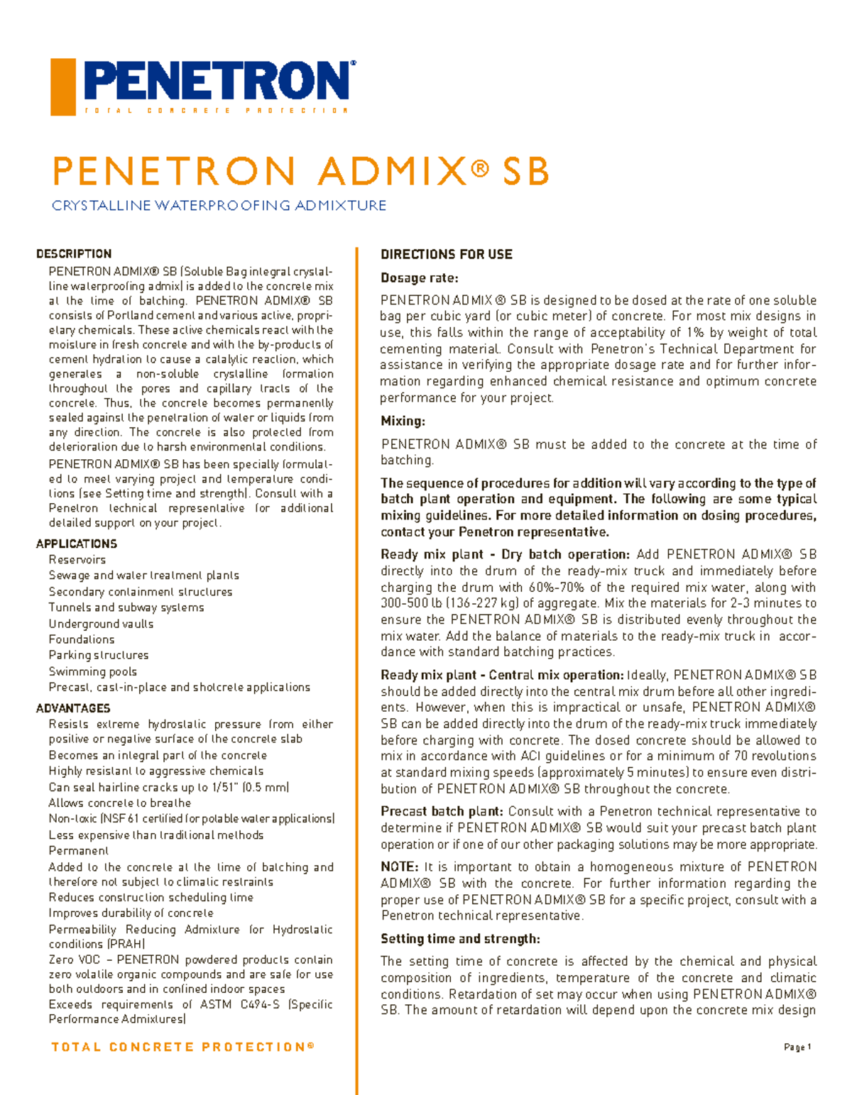 Penetron Admix SB - P E N E T R O N A D M I X ® S B DIRECTIONS FOR USE ...