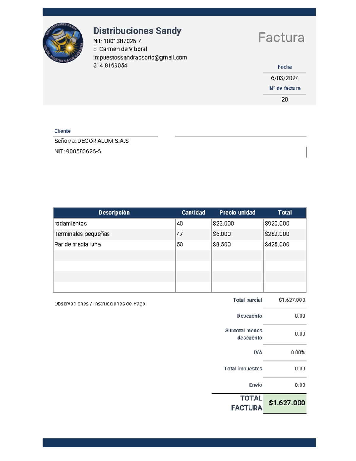 Factura 20 decoralum - bbbbbbbbbbbbbbb - Factura Fecha 6 / 03 /202 4 Nº ...