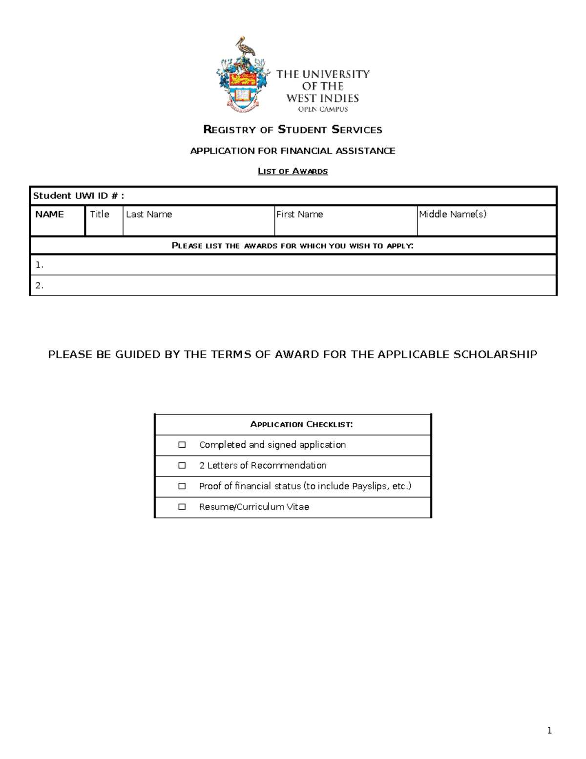 Uwioc Scholarship Application- General - REGISTRY OF STUDENT SERVICES ...