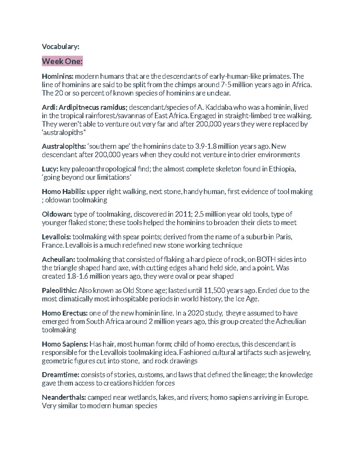Copy of CIV201 Exam 1 Study Guide - Vocabulary: Week One: Hominins ...