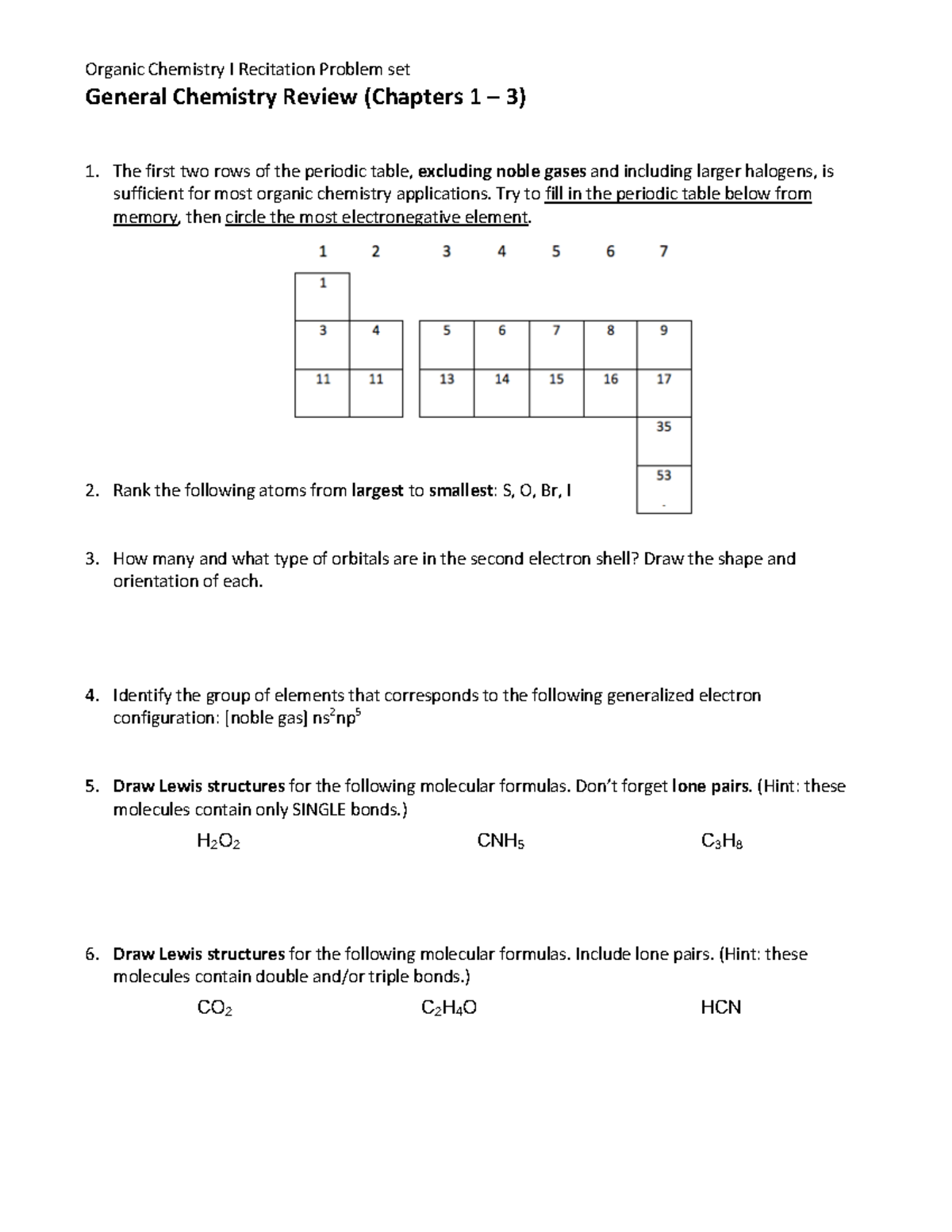 General Chemistry Review Problems Ch1-3 - Organic Chemistry I ...