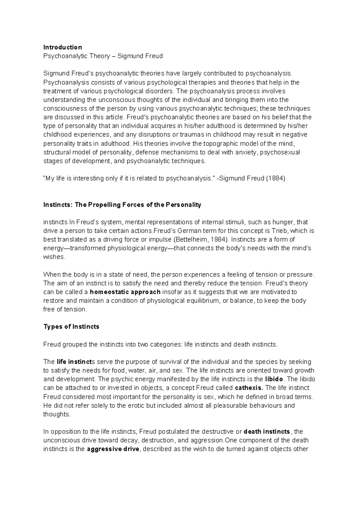 Freud's theory-assignment - Introduction Psychoanalytic Theory ...