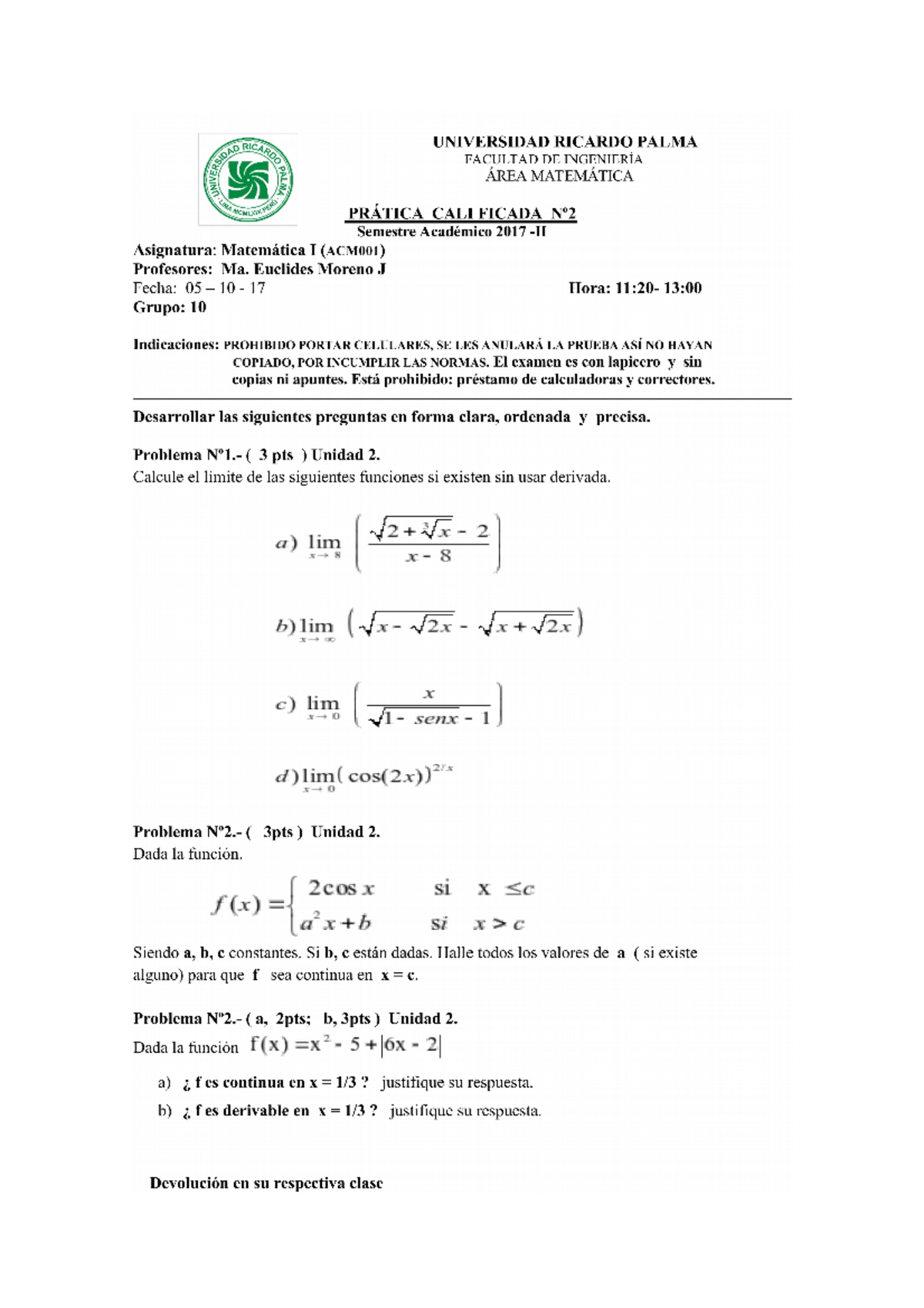 Segunda Practica Calificada de Mate 1 - UNIVERSIDAD RICARDO PALMA FACULTAD DE INGENIERÍA ÁREA ...