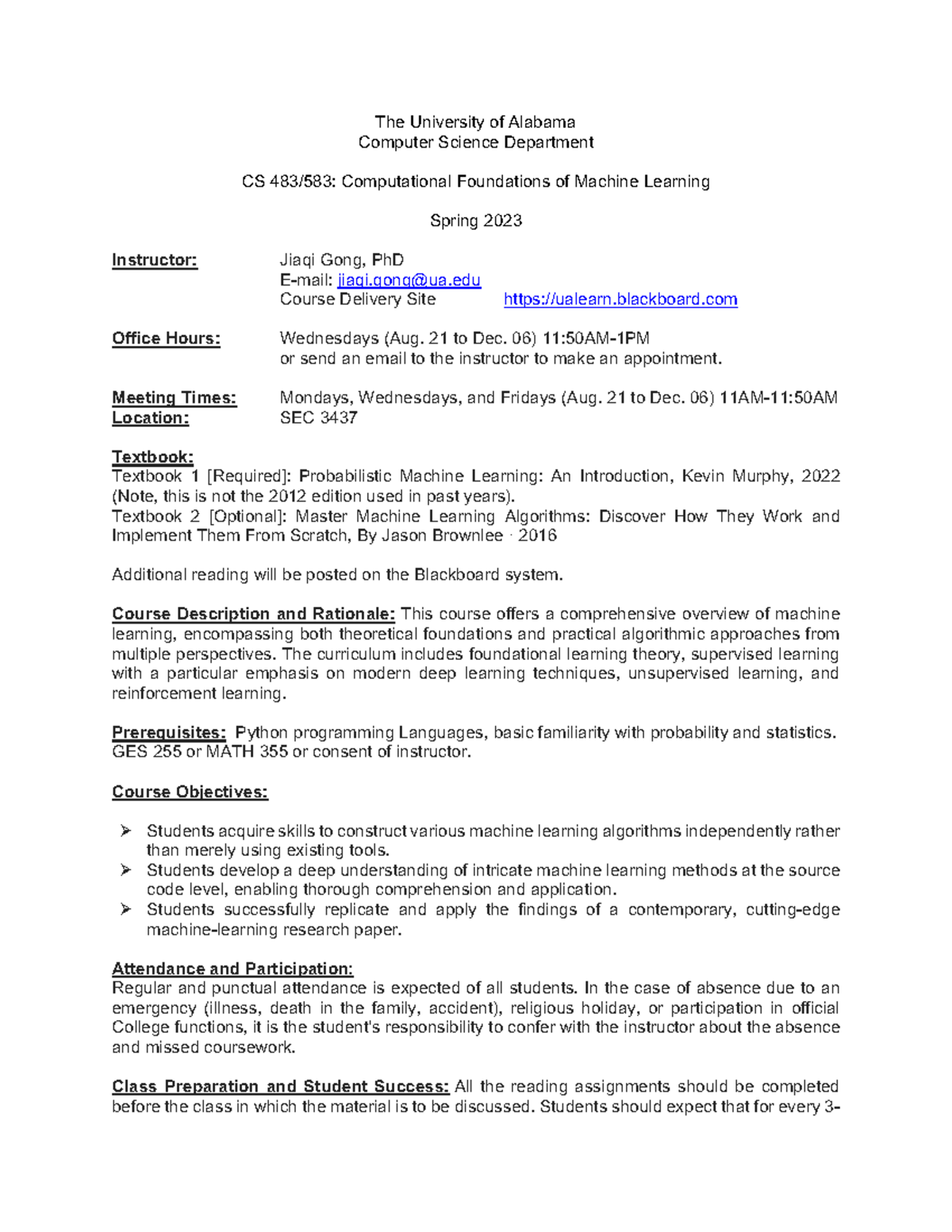 CS483-583 - Syllabus - The University of Alabama Computer Science ...